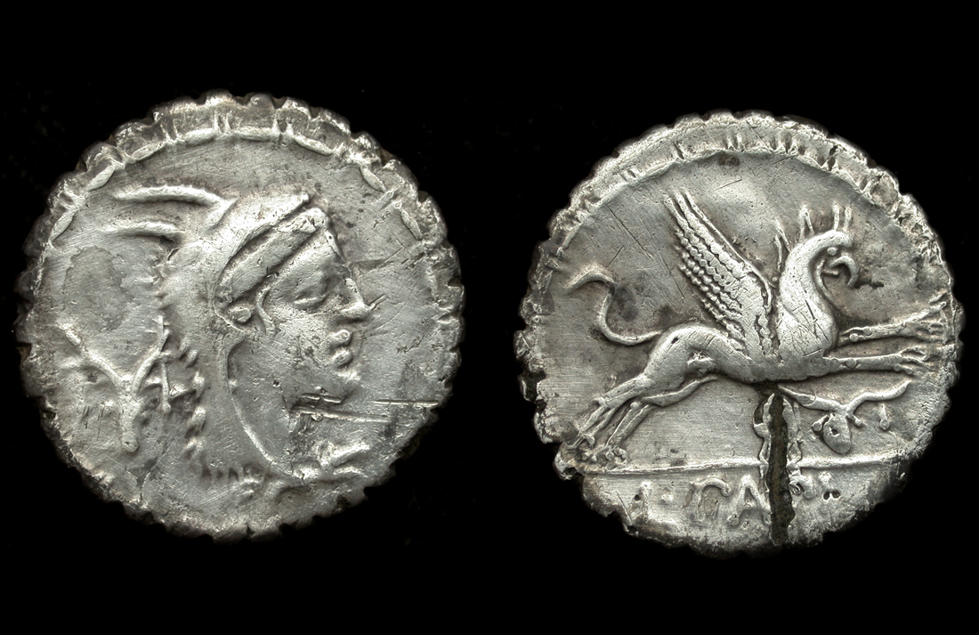 L. Papius, Serrate Denarius, Griffin, Two Bucraniums! Sold!, Noble ...
